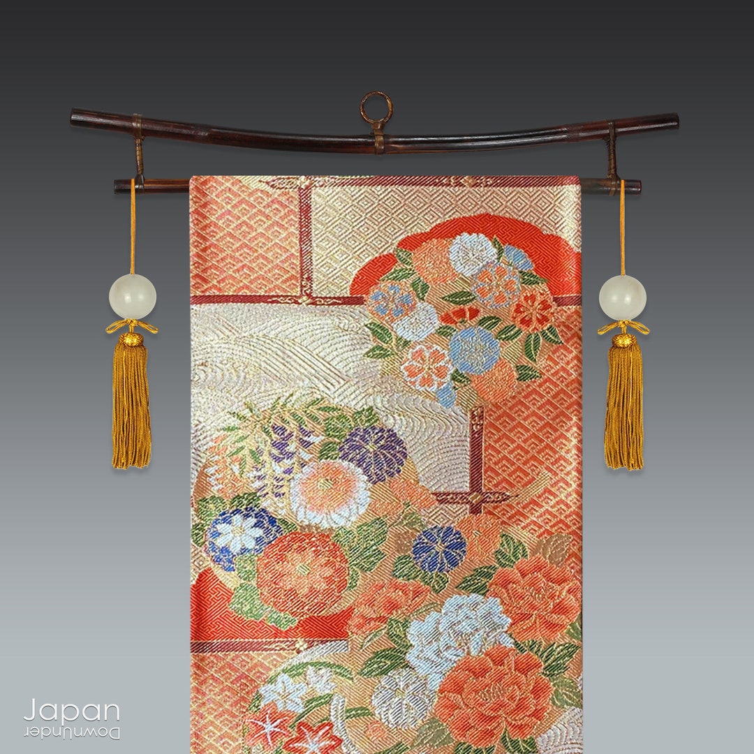 Vintage Japanese Obi With Seasonal Flowers on Gold Red and Beige ...