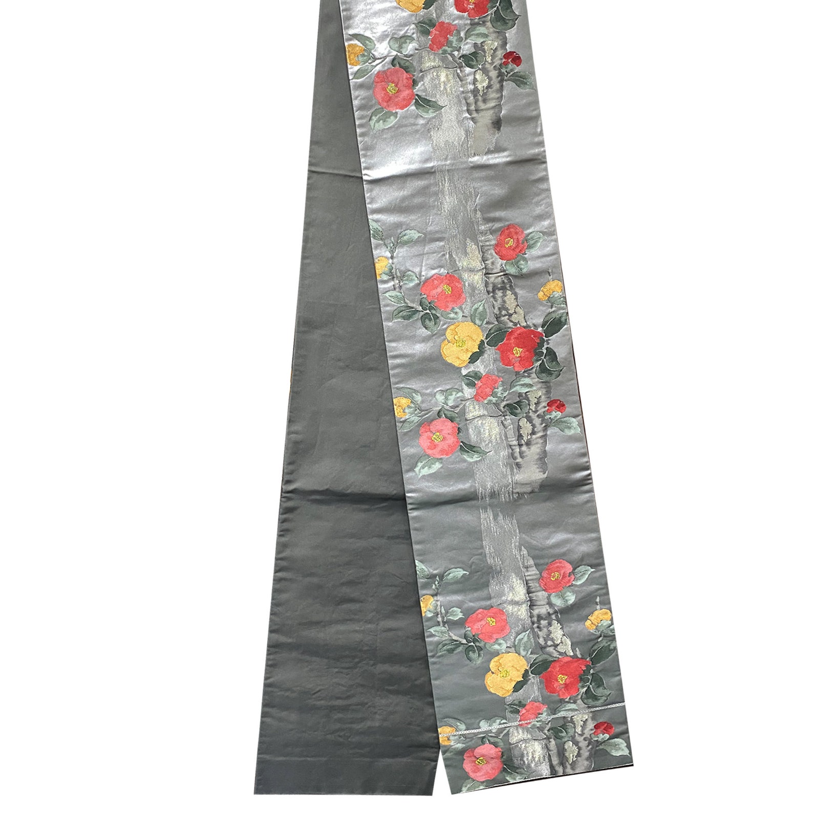 Vintage Japanese Obi With Red and Yellow Camellias on Silver Background ...