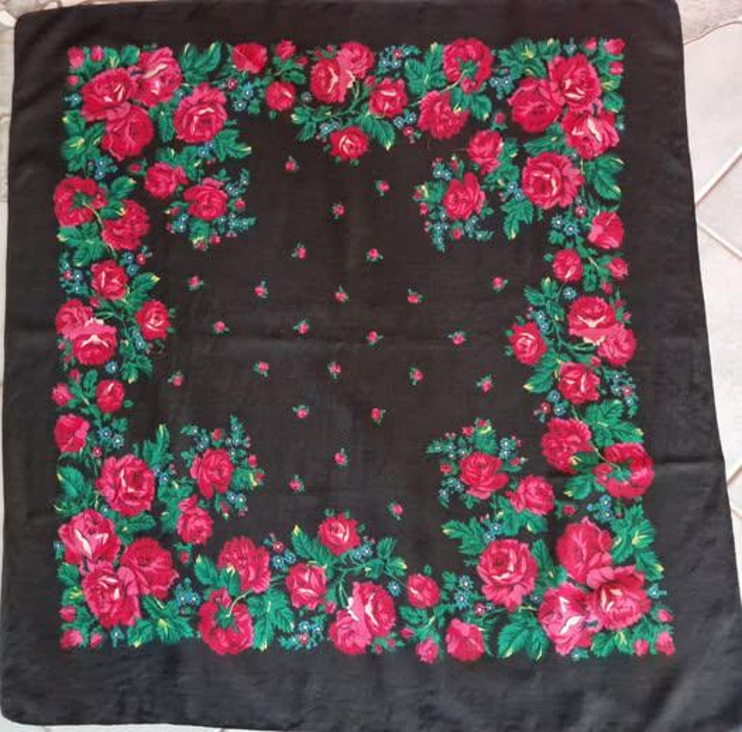 BEAUTIFUL Vintage Polish Folk Design Black Wool Scarf/ LOVELY Colorful ...