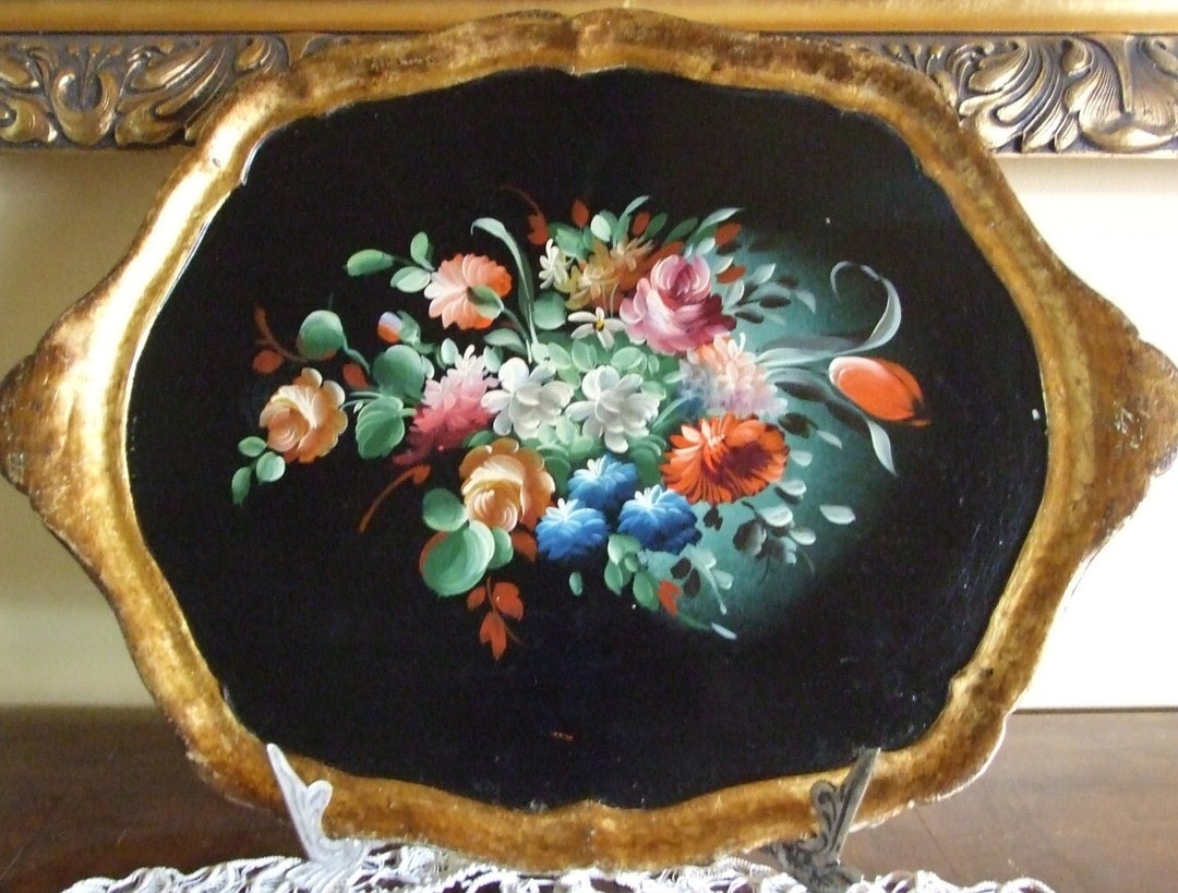 AMAZING DECORATIVE Vintage Italian Florentine Hand Painted Floral Motif ...