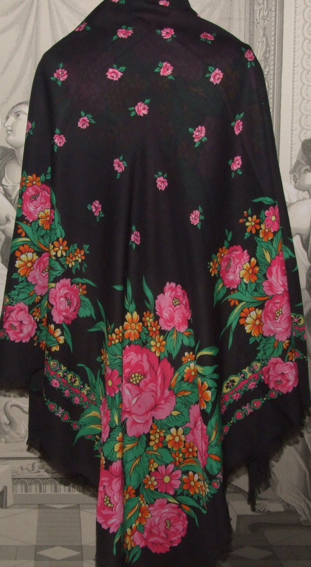 FABULOUS Vintage Polish Folk Scarf/ AMAZING Folk Floral Design Black ...