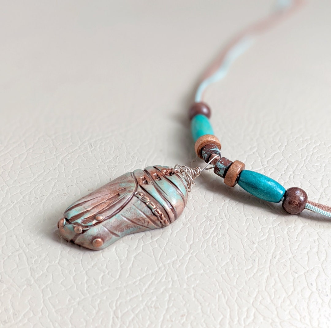 Monarch Chrysalis Pendant Necklace Taupe Turquoise Brown, Butterfly ...