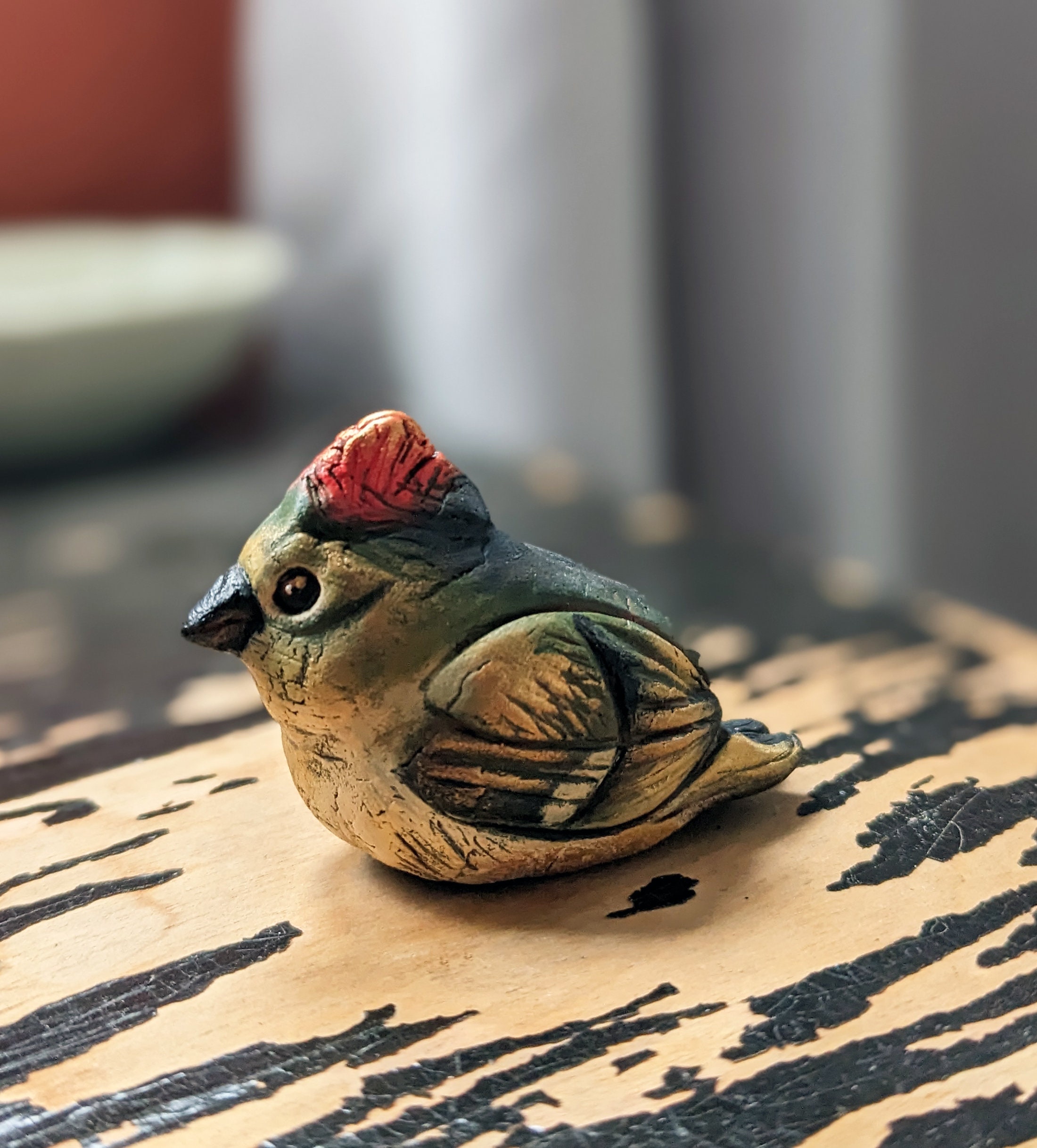 Cute Little Bird Figurine, Hand Sculpted Clay Ruby Crowned Kinglet ...