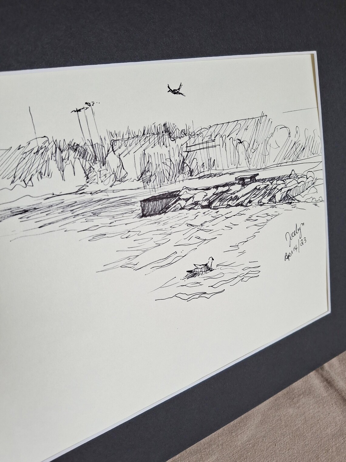 Loose Ink Drawing Harbour and Seagull in Water, Owen Sound Shoreline ...