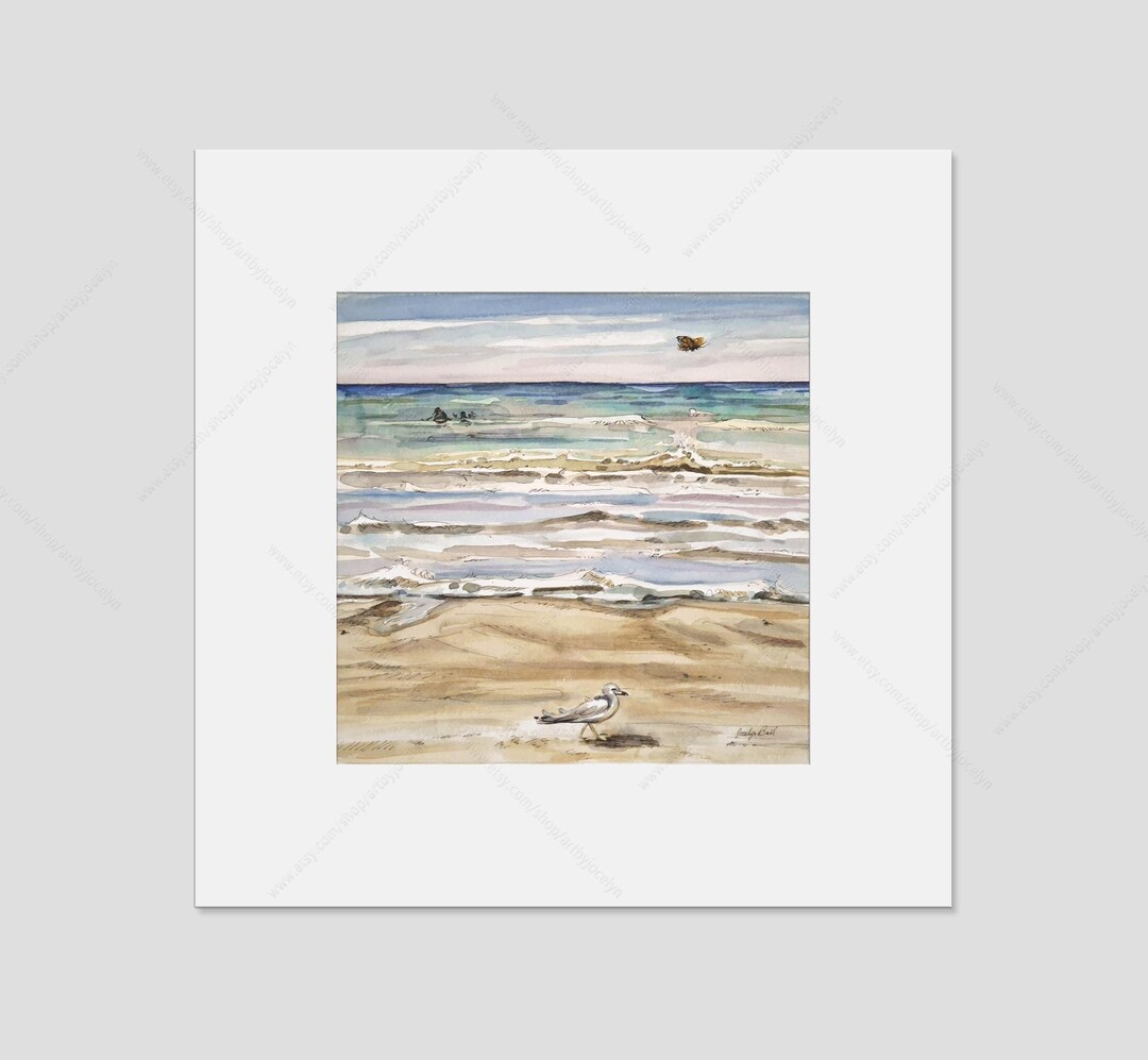 Beach Painting, Original Watercolour With White Mat, Square Wall Art ...