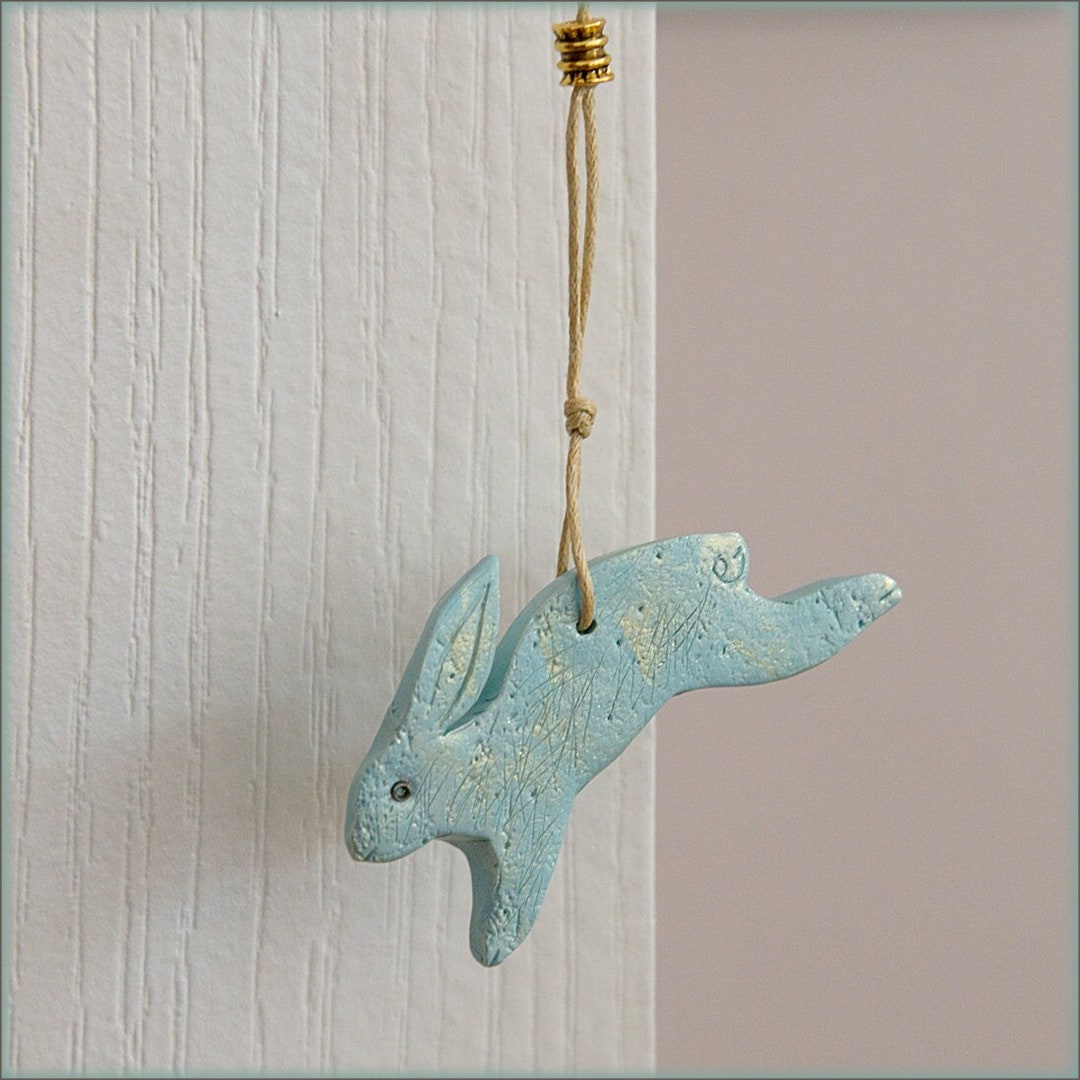 Primitive Bunny Ornament, Light Dusty Turquoise Polymer Clay Rabbit ...