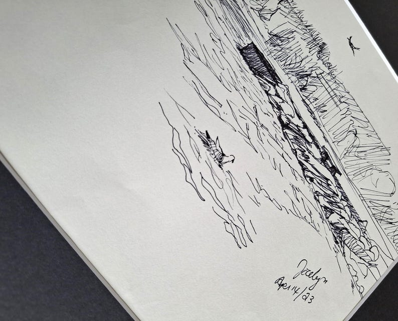 Loose Ink Drawing Harbour and Seagull in Water, Owen Sound Shoreline ...