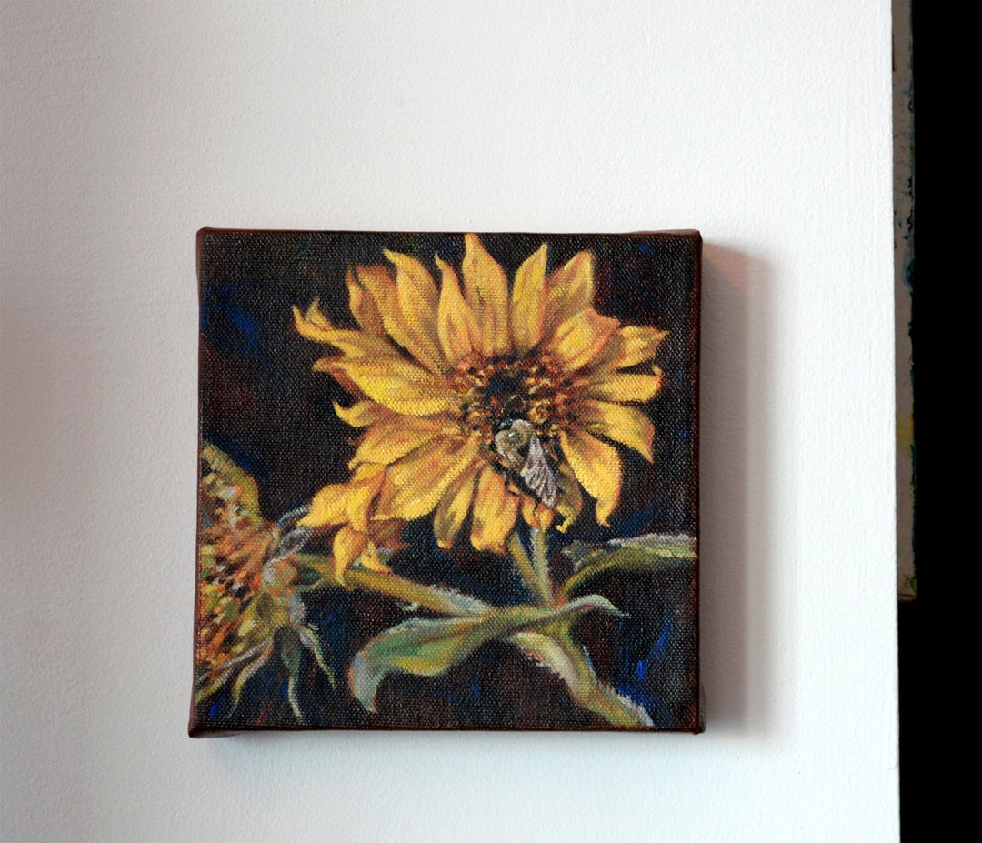 Sunflower and Bee Painting Original Acrylic on Gallery Wrapped Canvas 6 ...