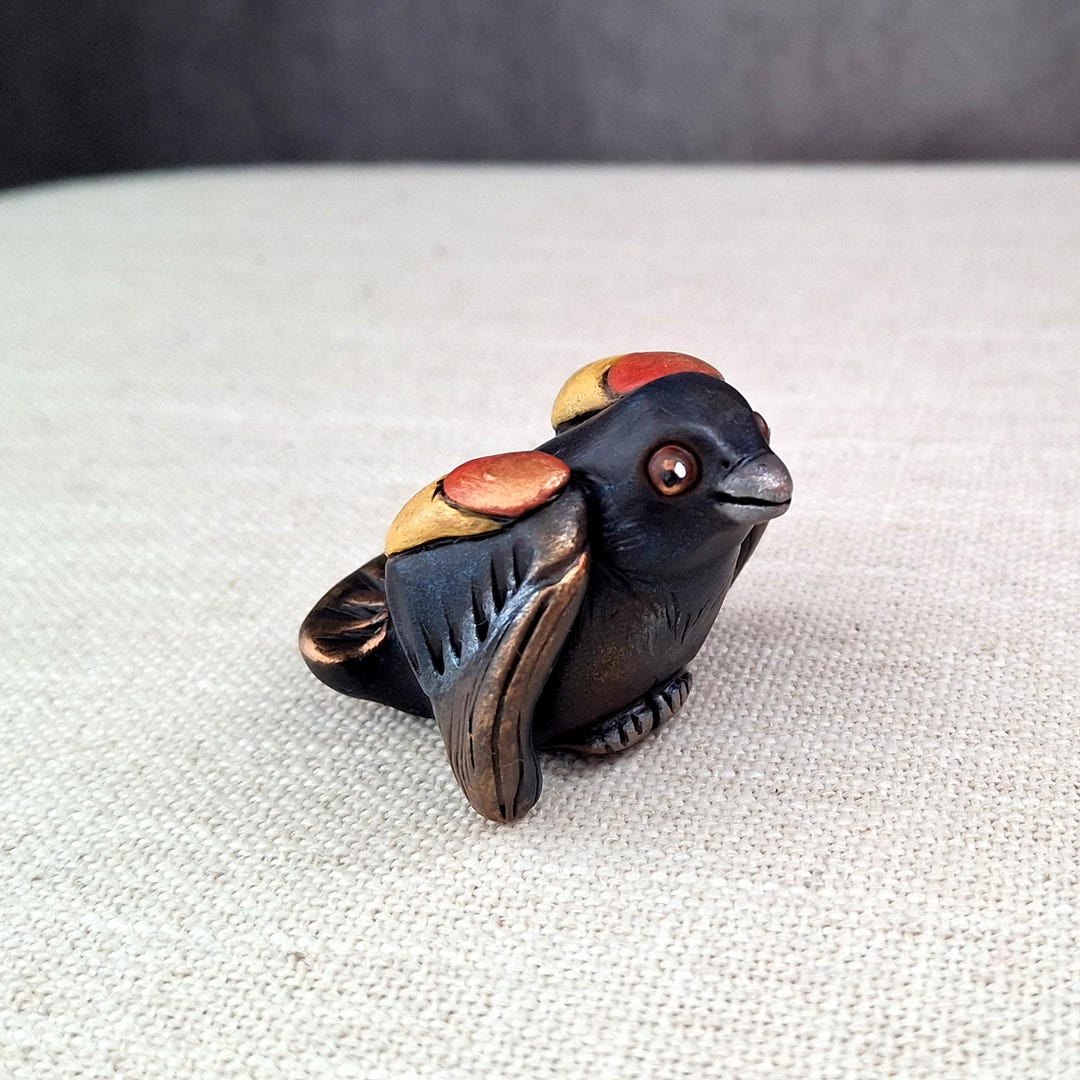 Small Bird Figurine, Red-winged Blackbird Wings in Soldier Pose, Little ...
