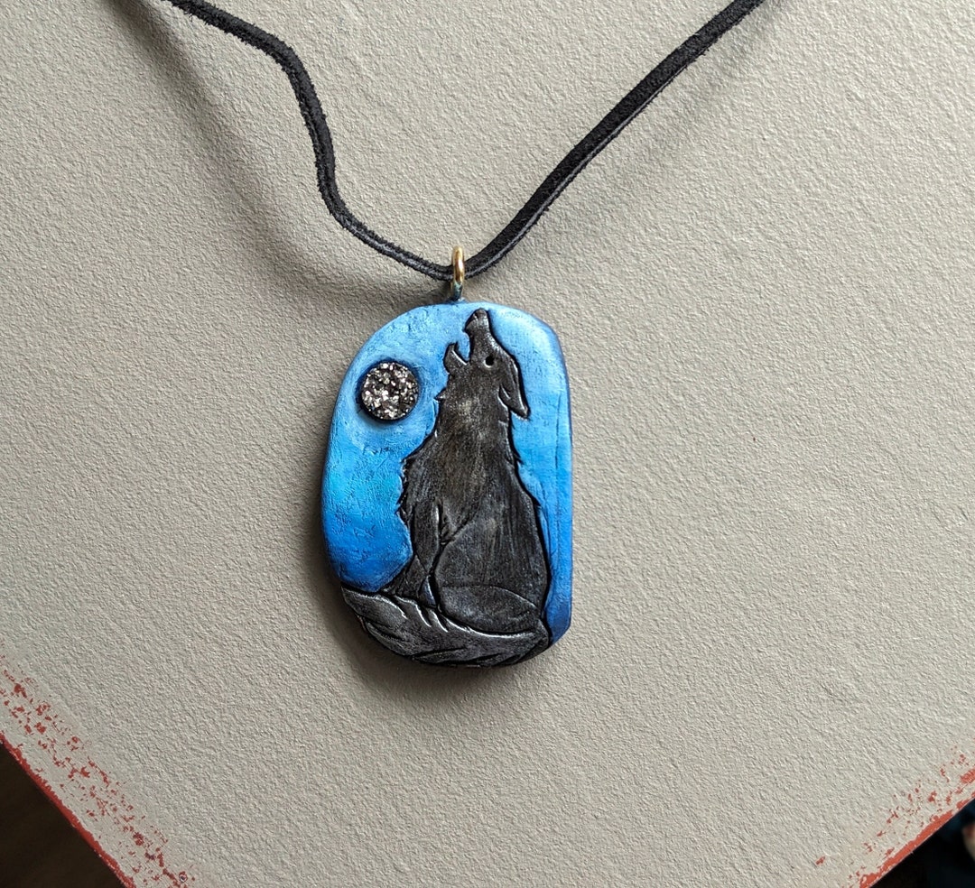 Chunky Wolf and Moon Pendant, Large Spirit Animal Silhouette Jewelry ...