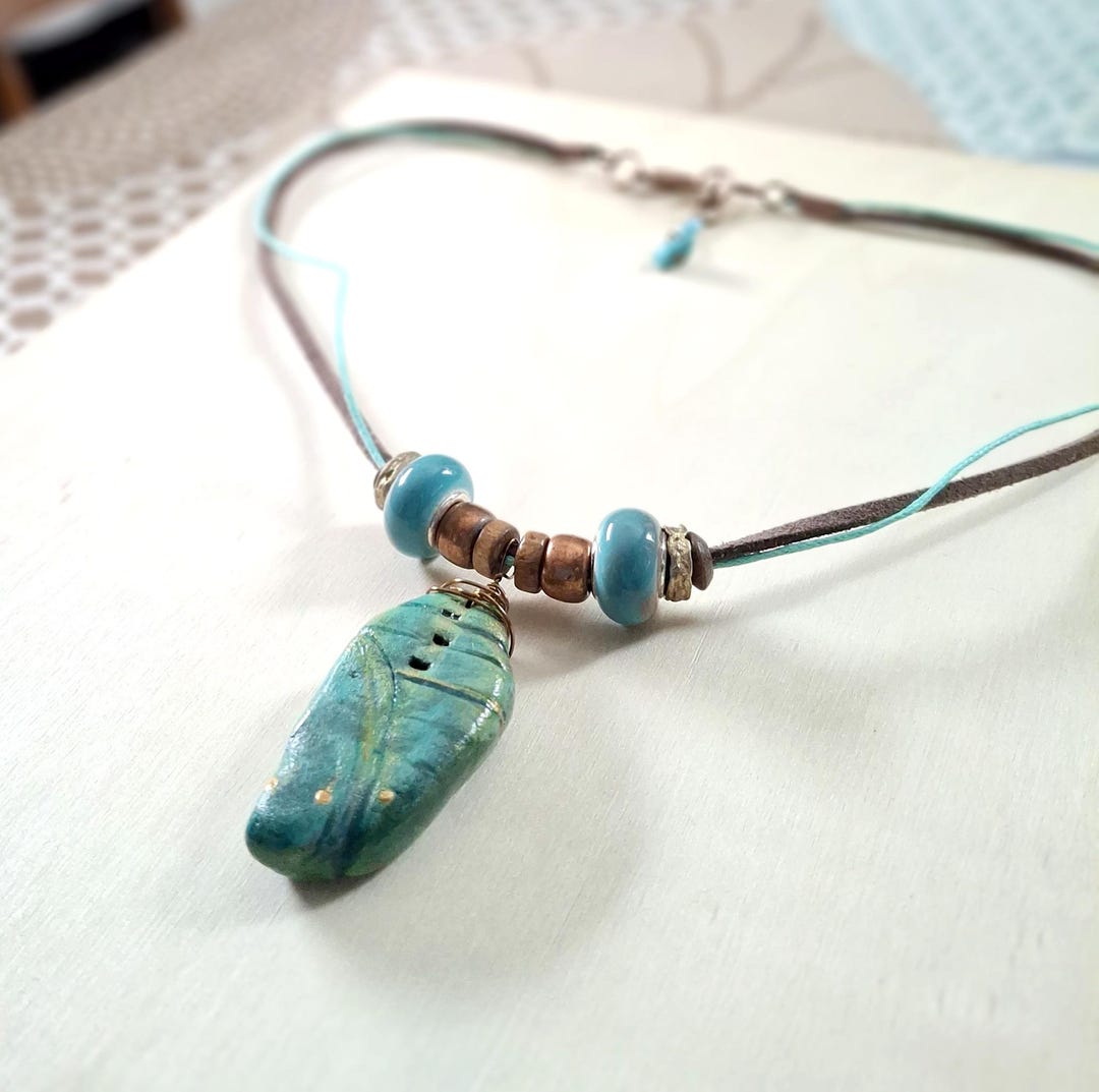 Monarch Chrysalis Pendant Necklace, Hand Sculpted Jewelry, Blue Green ...
