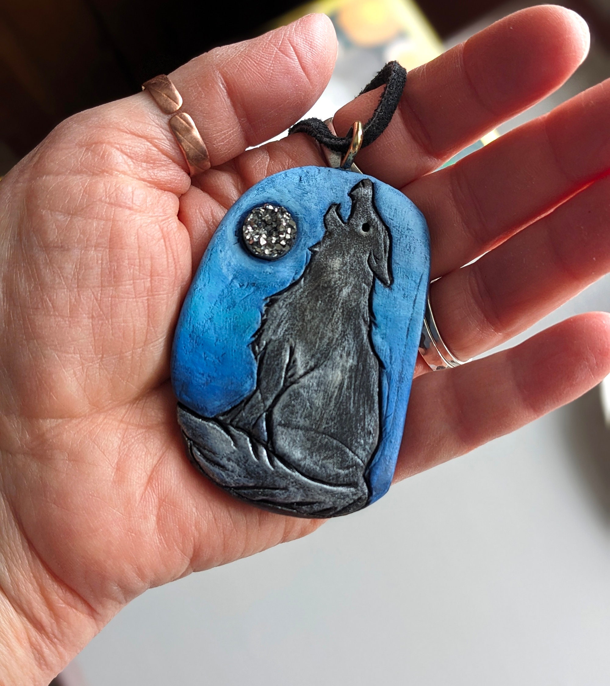 Chunky Wolf and Moon Pendant, Large Spirit Animal Silhouette Jewelry ...