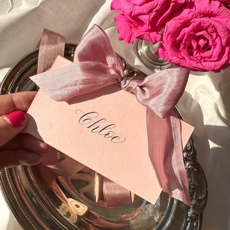 Silk Bow Pink Place Cards | Custom Calligraphy Party Seating Cards - Etsy