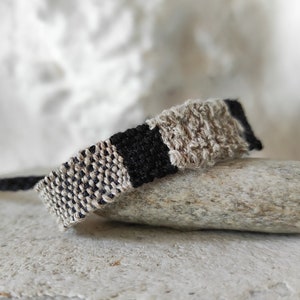Handwoven Linen Bracelet - Black and Oatmeal - Fiber Bracelet With ...