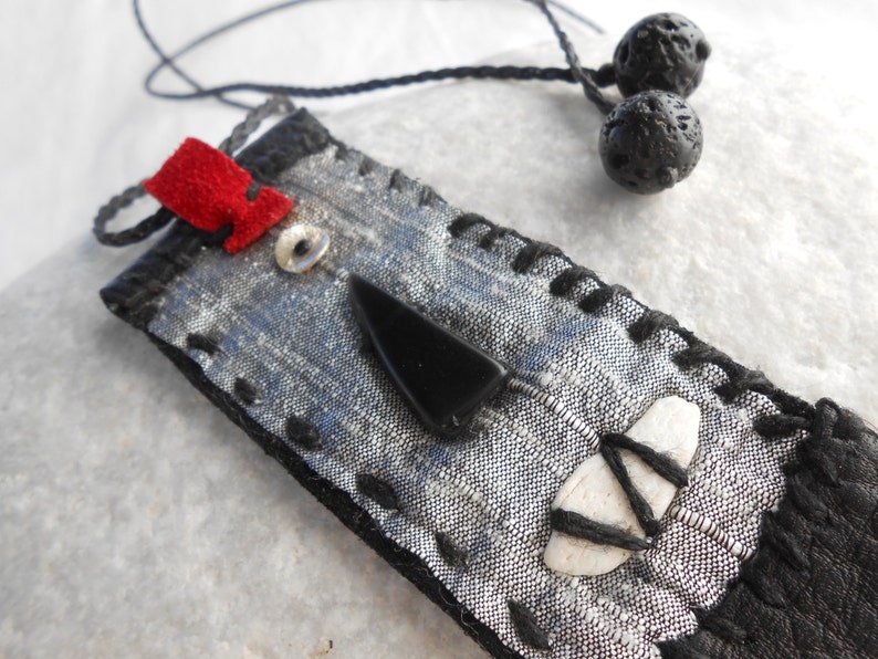 Leather Amulet 'new Moon' With Silk Lava Obsidian Bone - Etsy