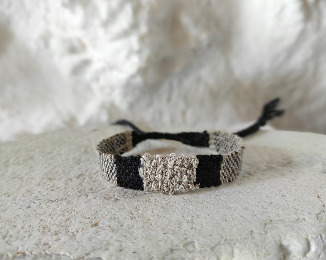 Handwoven Linen Bracelet - Black and Oatmeal - Fiber Bracelet With ...