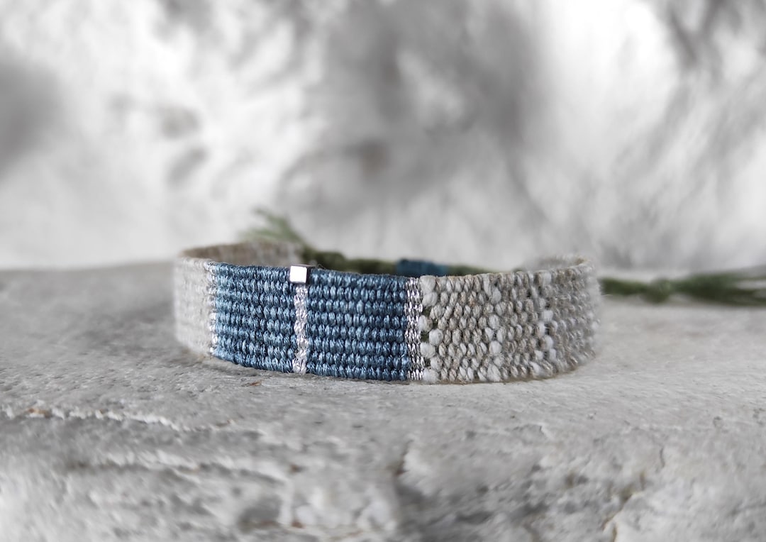 Handwoven Bracelet With Hematite Gem - Sand, Denim Blue and Silver ...