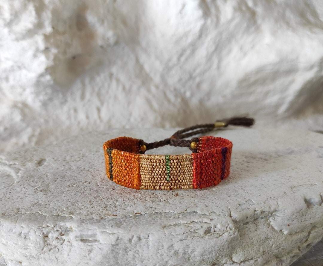 Handwoven Bracelet Warm Orange and Ochre Fiber Bracelet Linen Silk ...