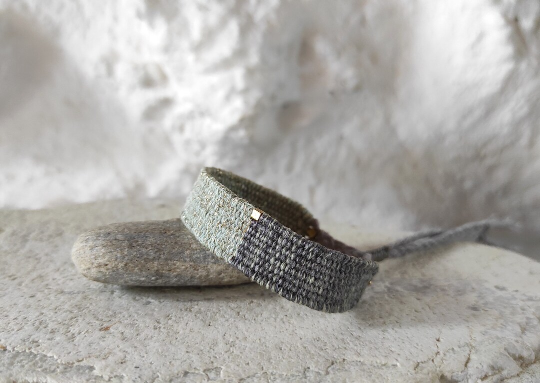 Handwoven Bracelet Light Sage Green, Gray & Gold Fiber Bracelet With ...