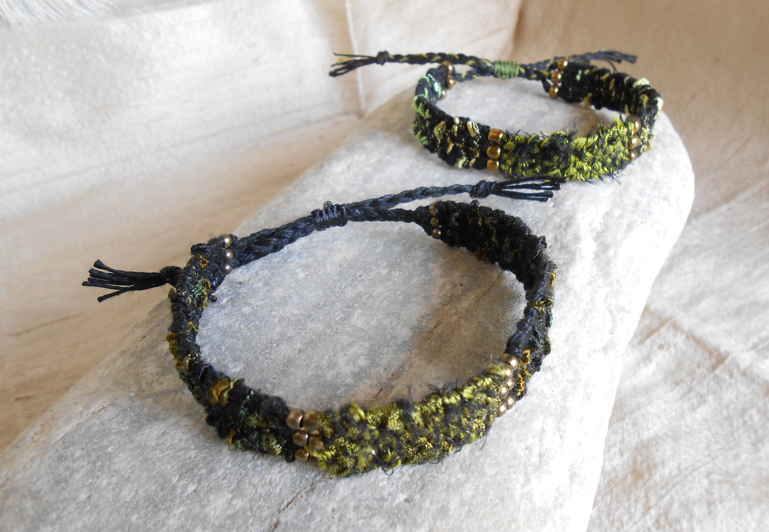 Silk Linen Hand Woven Bracelet Black Green Gold Loom | Etsy