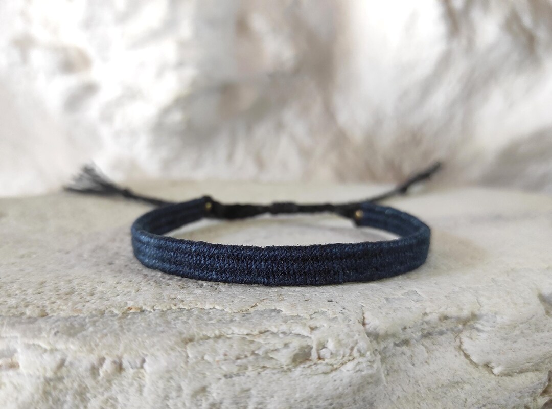Dark Indigo Handwoven Silk Bracelet With Linen - Woven Minimalist ...