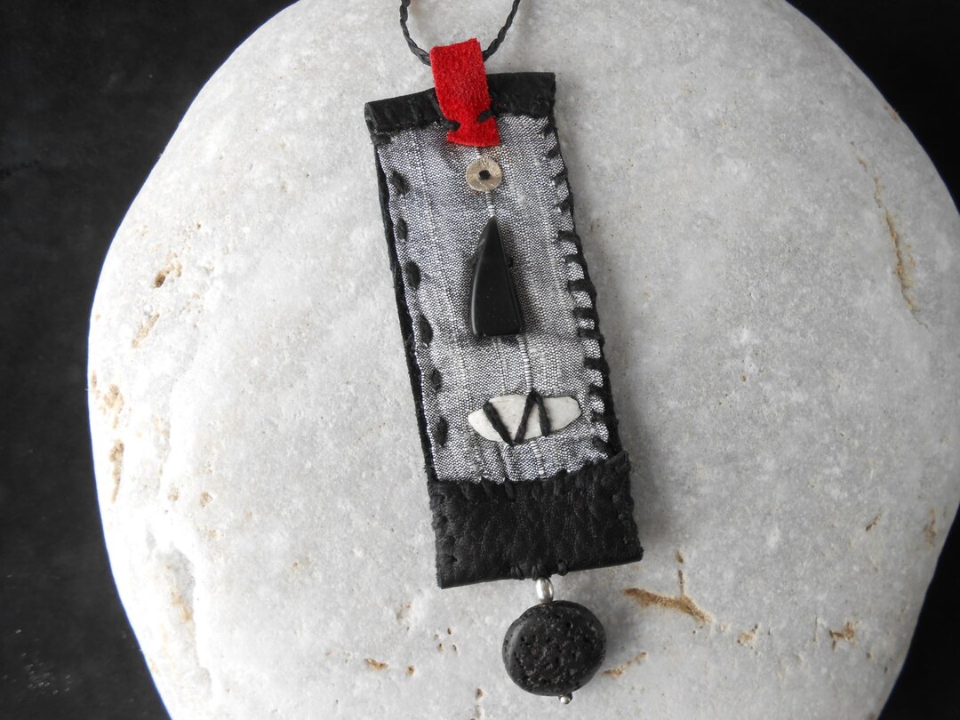 Leather Amulet 'new Moon' With Silk Lava Obsidian Bone & Sterling ...