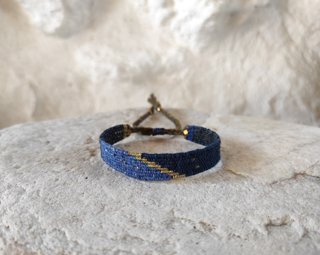 Handwoven Indigo Bracelet With Gold Silk Cotton Hemp & Paper Woven ...