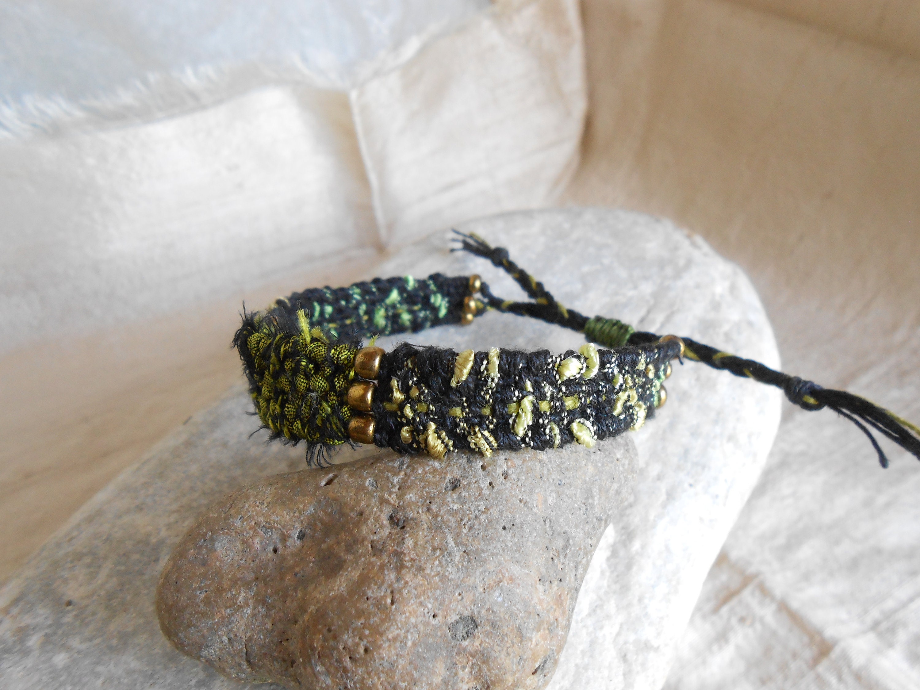 Silk Linen Hand Woven Bracelet Black Green Gold Loom | Etsy