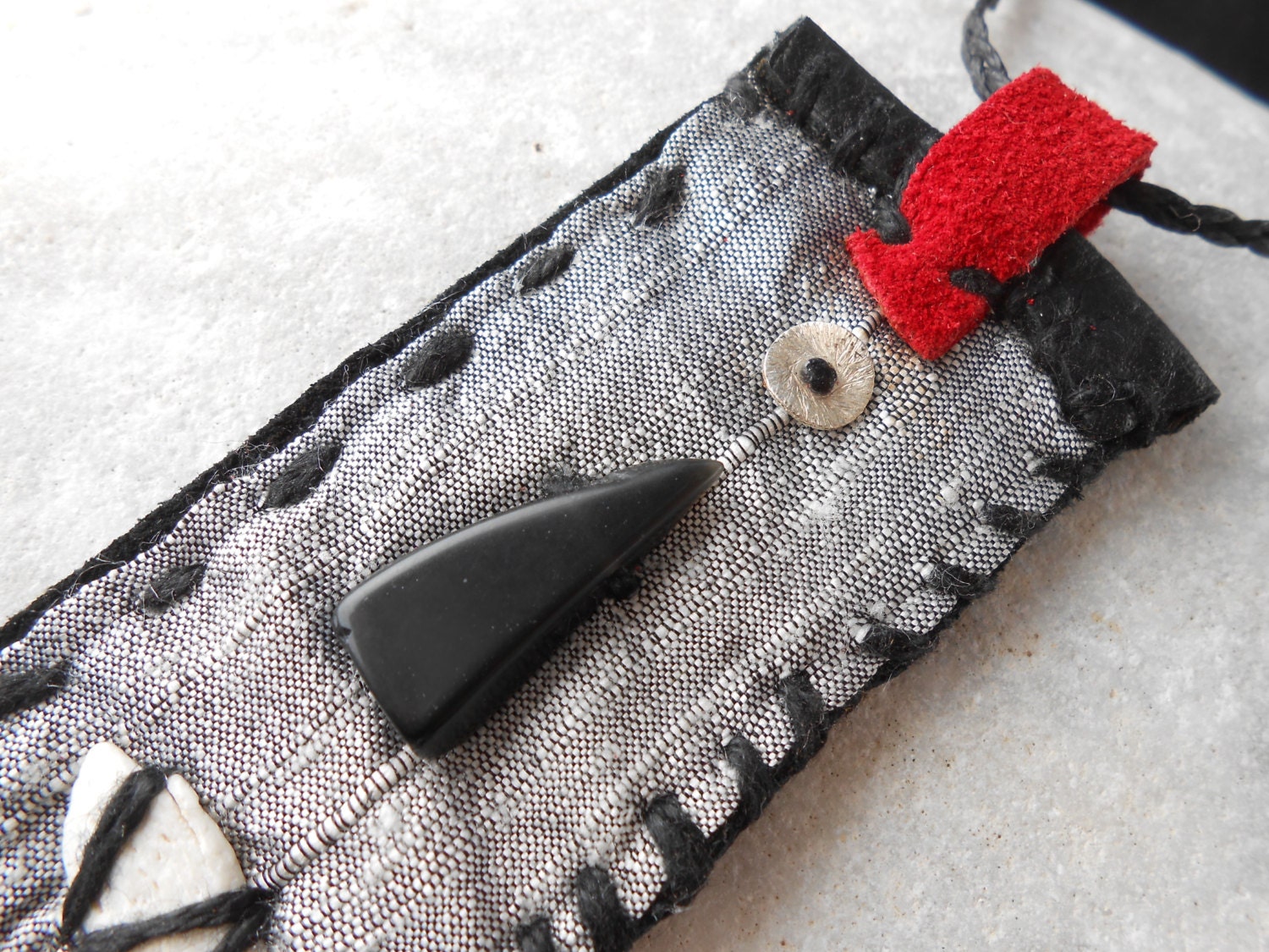 Leather Amulet 'new Moon' With Silk Lava Obsidian Bone - Etsy