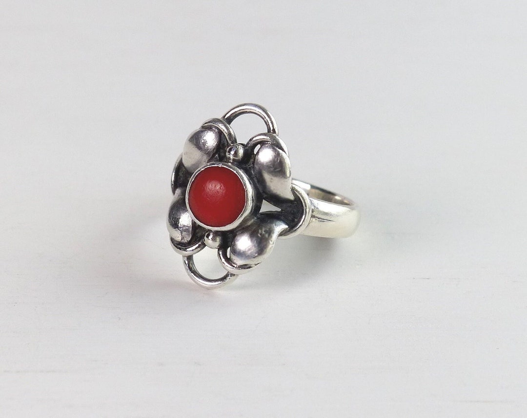 Vintage G Henry Hoppe Denmark 830 Solid Silver Red Coral Ring Mid ...