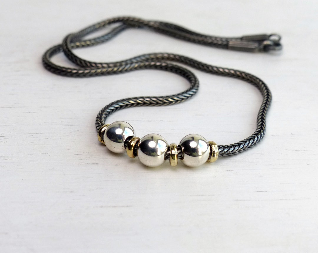 Sterling Silver Foxtail Chain Ball Necklace Modernist Oxidized Beads ...