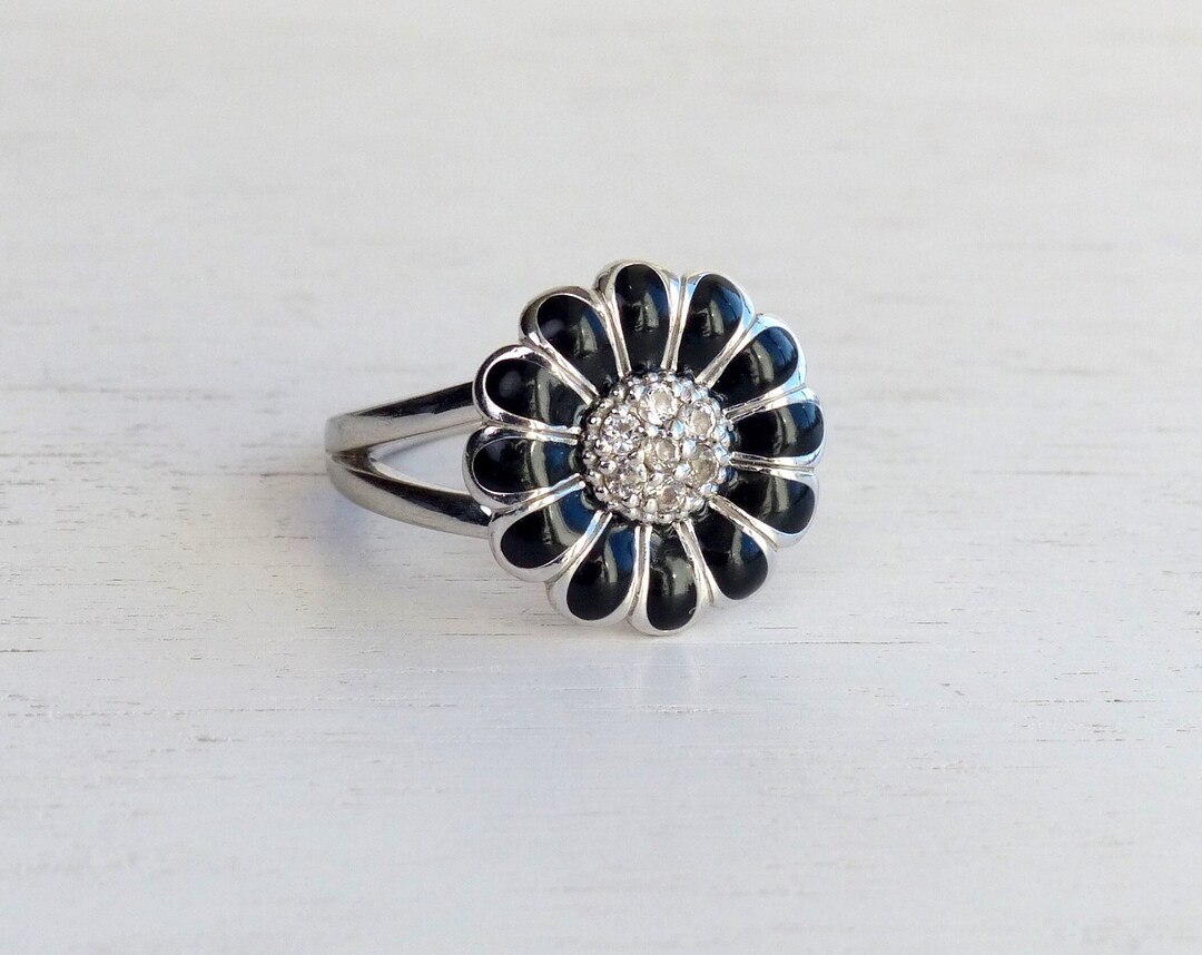 Christina CDL Denmark Sterling Silver Black Enamel Daisy Ring Size 6.75 ...