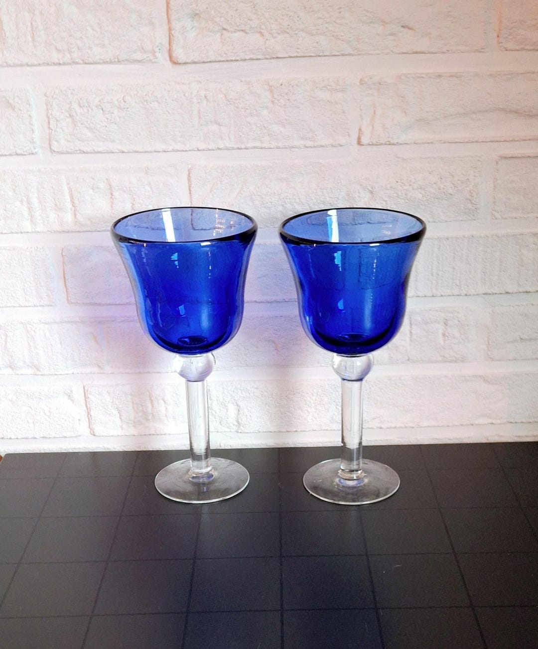 Vintage Cobalt Blue Glassware Pair, Two Thick Wine Glasses, Cobalt Blue ...