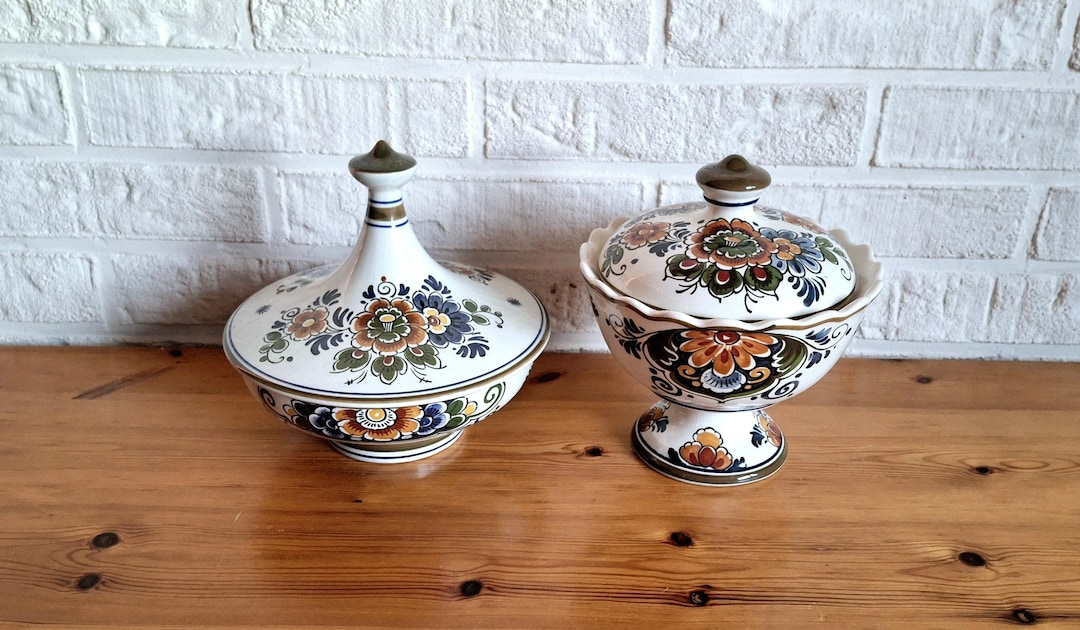 Delft Polychrome Lidded Dish & Footed Bowl Set - Etsy