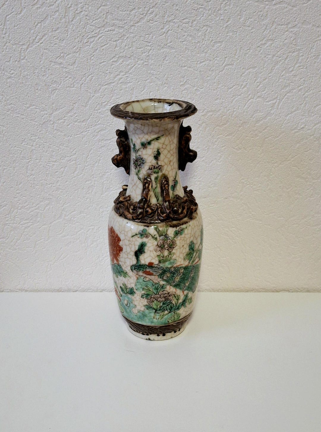 Antique Chinese Nanking Vase, Porcelain Crackle Glaze Vase, Peacock ...