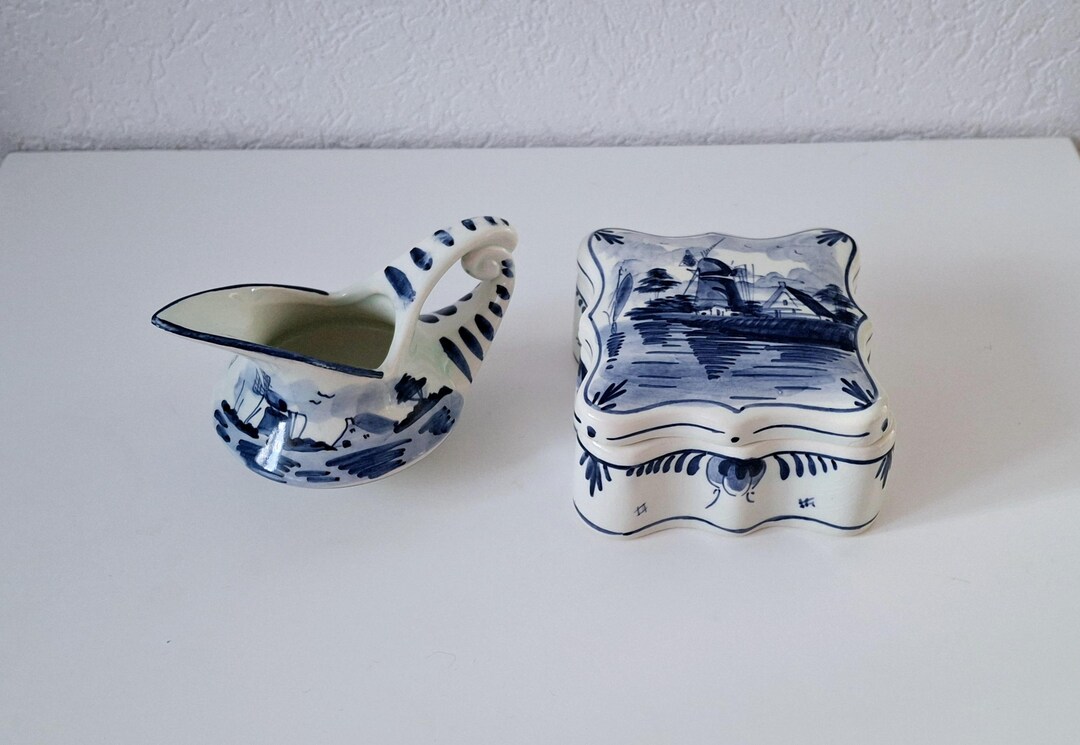 Vintage Delft Blue Set, Butter Dish & Creamer/sauce Boat, Delft Box and ...