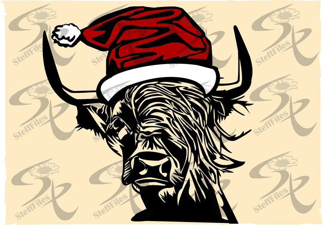 BUFFALO Highland Cow Svg Head Whit Cristmas Hat,svg,ai,png,pdf,dxf,eps ...