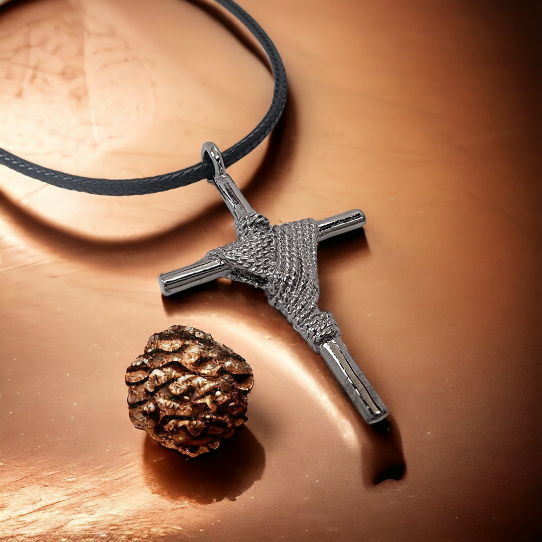 Rugged Rope Wrapped Cross Pendant Dark Metal Finish Black Cord Necklace ...