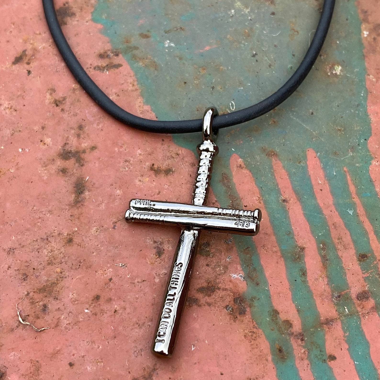 Baseball Bat Cross Necklace Gun Metal (scbbfinishs) Philippians 4:13 I ...