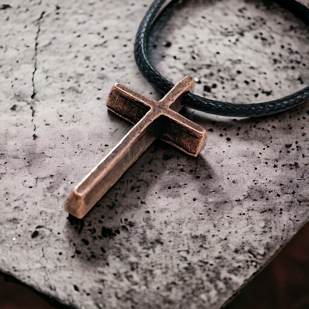 Small Slender Cross Pendant Antique Copper Finish (cc2-c) Black Cord ...
