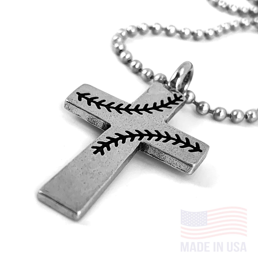Baseball Stitch Pewter Cross Necklace on Ball Chain basecross - Etsy
