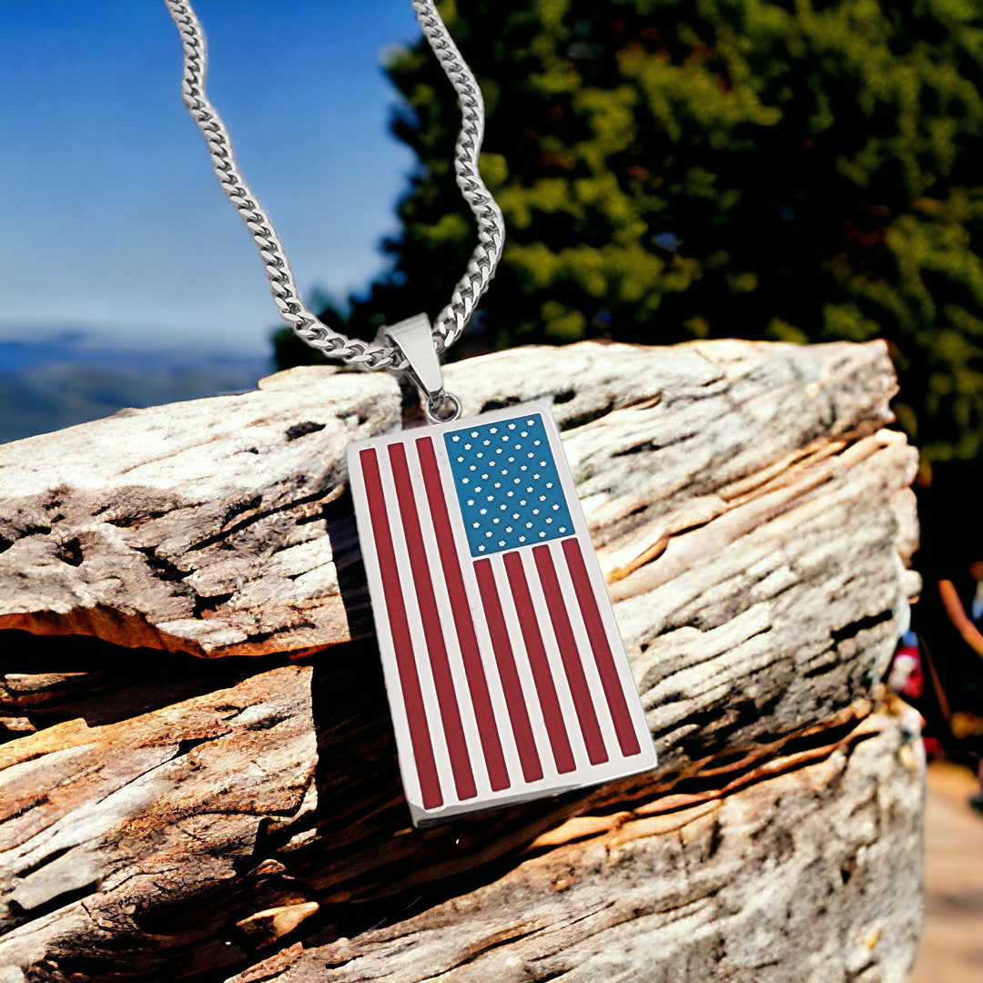 American Flag Tag Necklace on Curb Chain Stainless Steel (ustch) - Etsy
