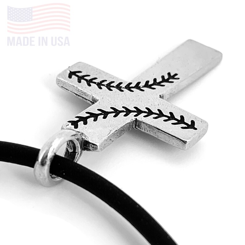 Baseball Stitch Cross Necklace Pewter on Black Rubber | Etsy