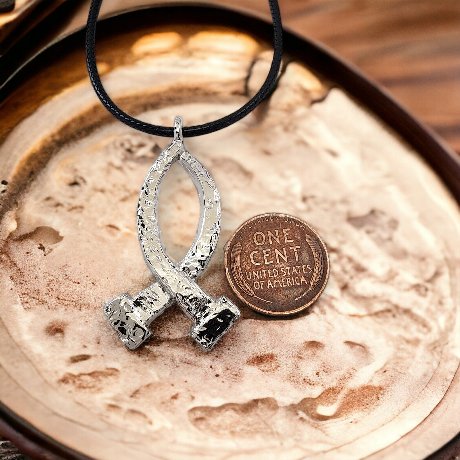 Jesus Ichthus Large Hammered Fish Rhodium Finish Necklace (lgb6hrhd) - Etsy