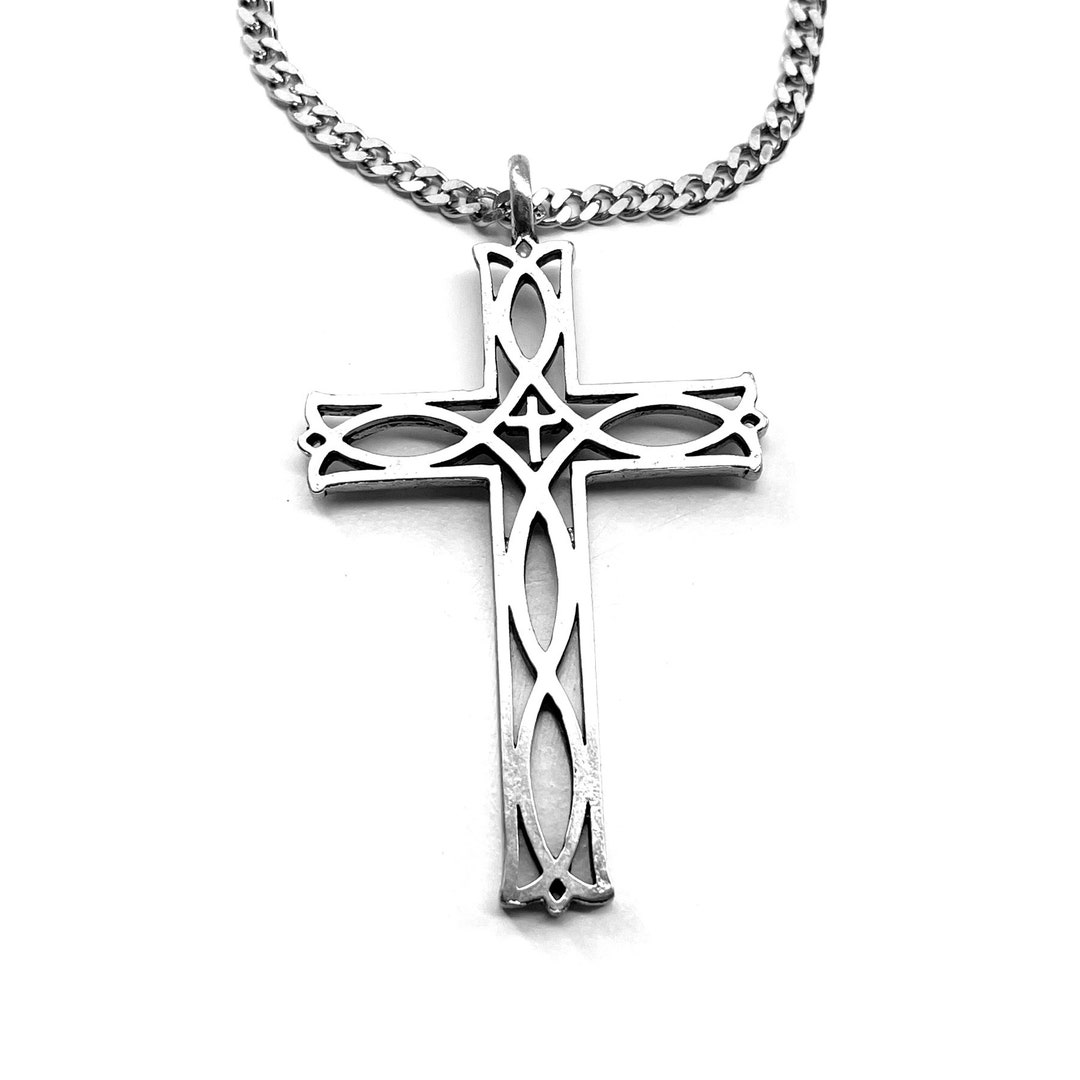Cross Jesus Ichthus Fish Antique Silver Necklace on Curb Chain b8cfch ...