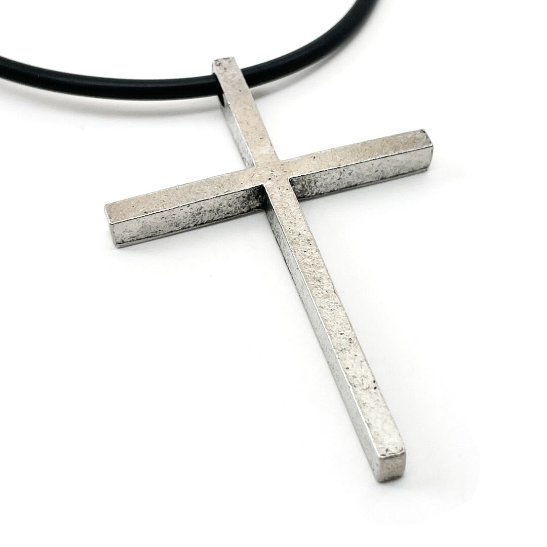 Large Slender Cross Pendant Antique Silver Finish cc3-rub Black Cord ...