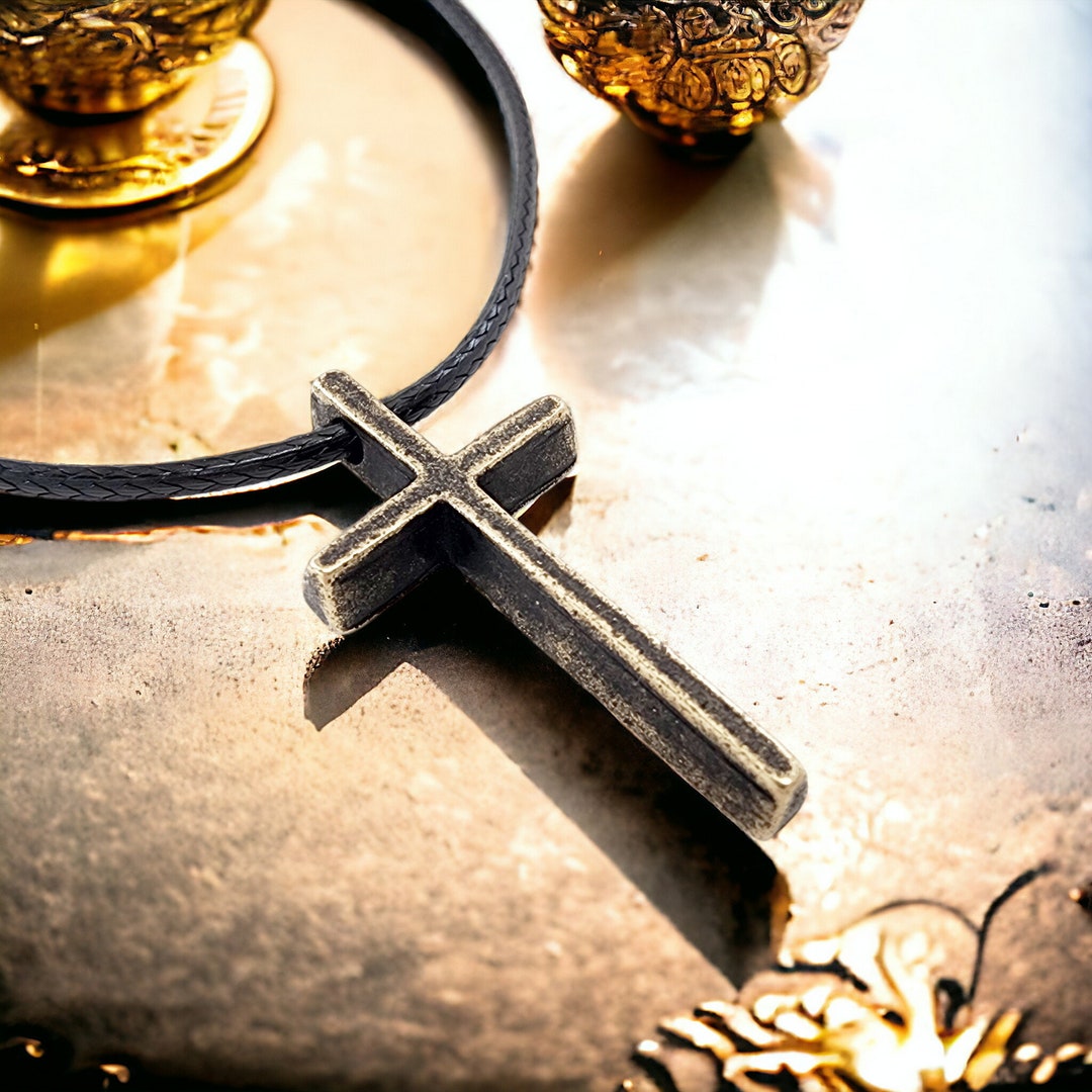 Small Slender Cross Pendant Antique Brass Finish (cc2-b) Black Cord ...