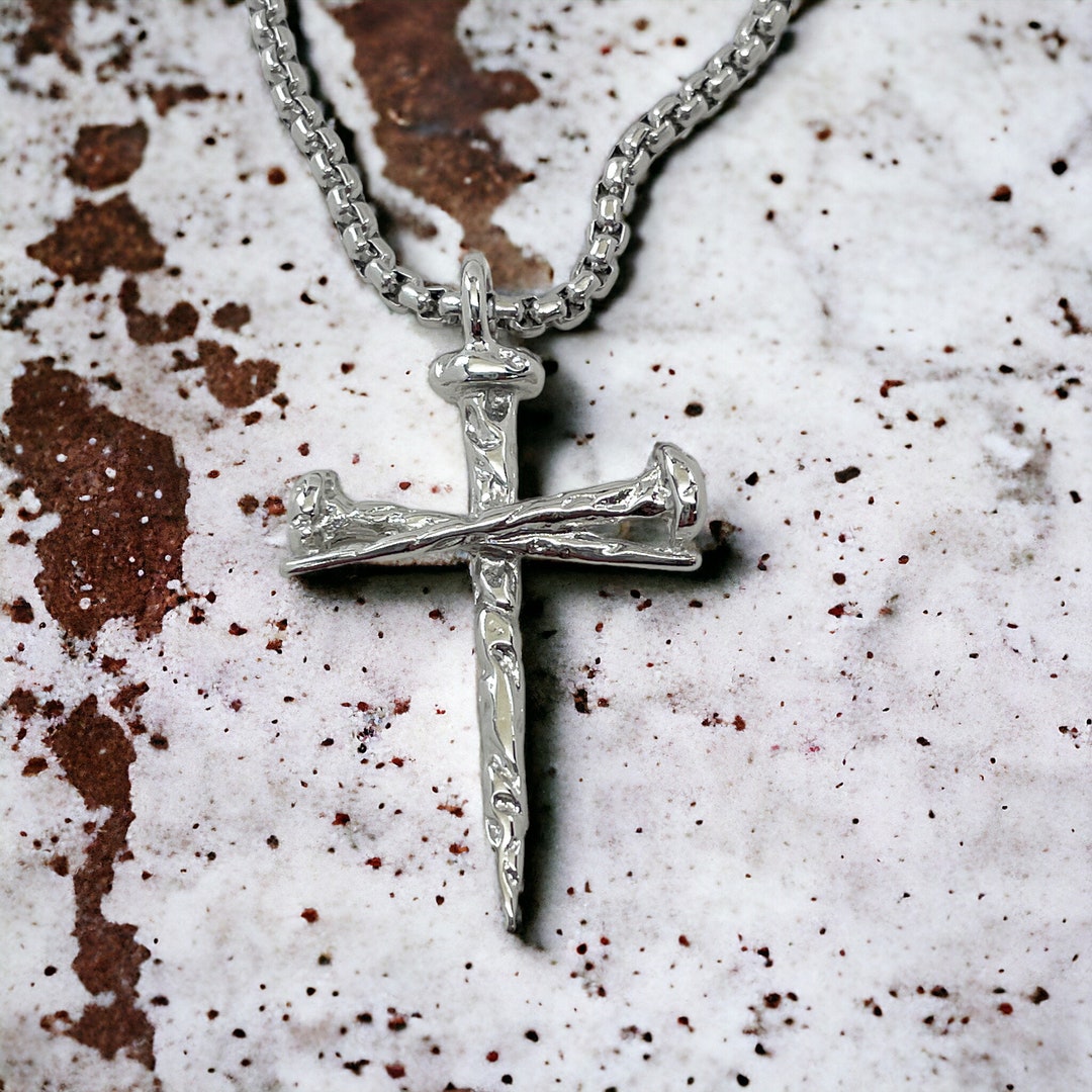 Rustic Rugged Nail Cross Pendant Necklace Rhodium Silver Finish Chain ...