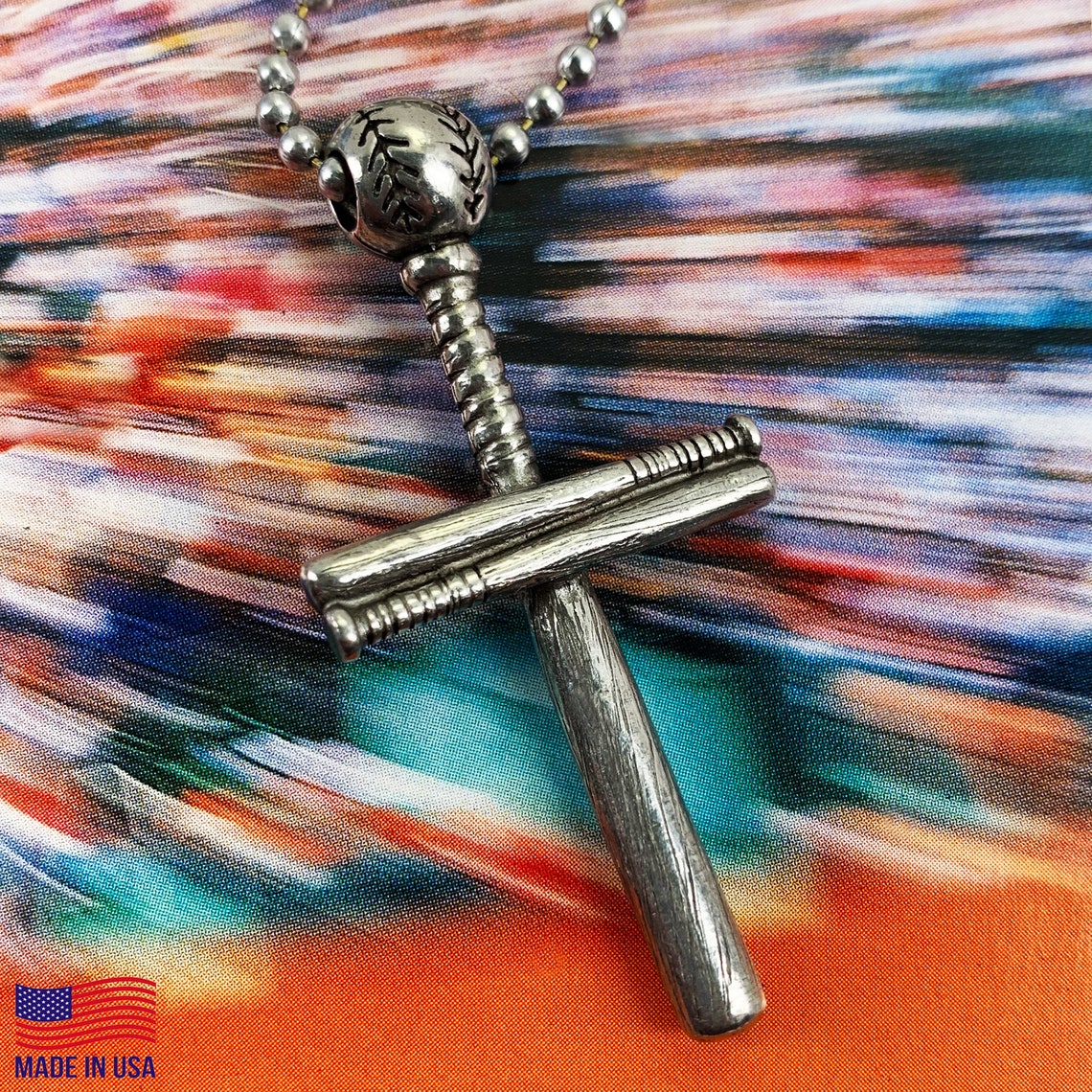 Baseball Bat and Ball Cross on Ball Chain Necklace batd | Etsy