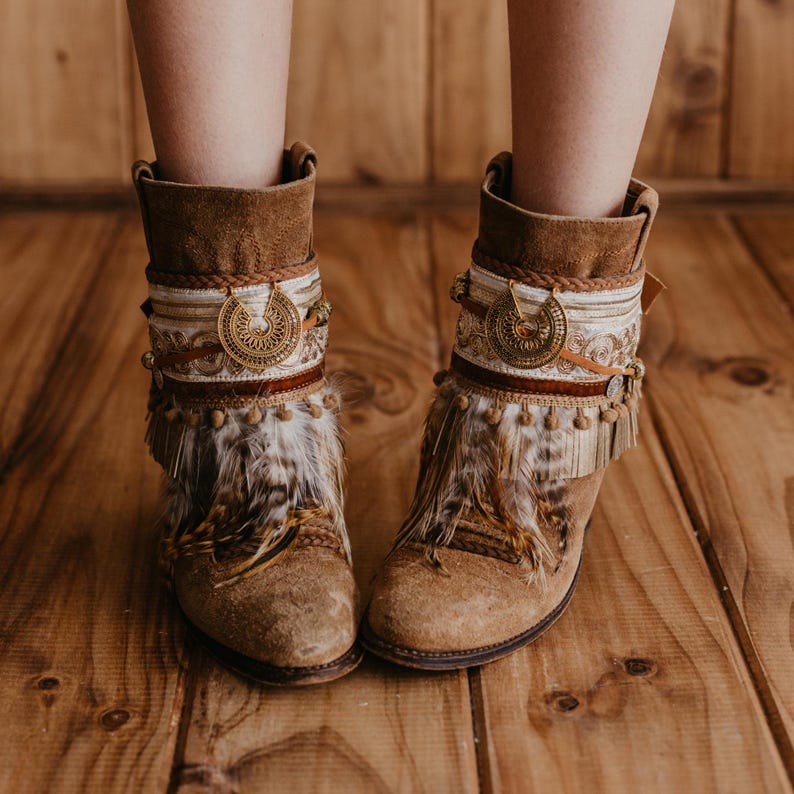 Boho Boot Covers With Golden Fringe and Beige Feathers | Western ...